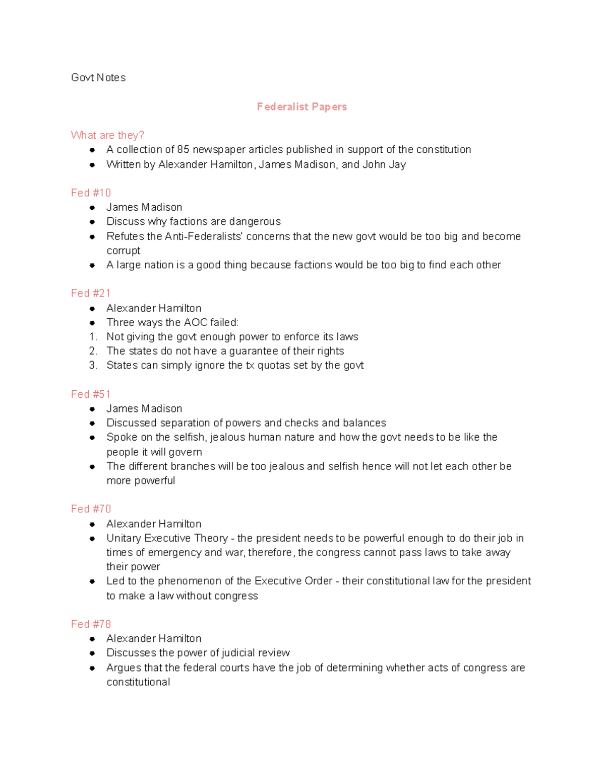 Govt Notes - Federalist Papers - Govt Notes Federalist Papers What are ...