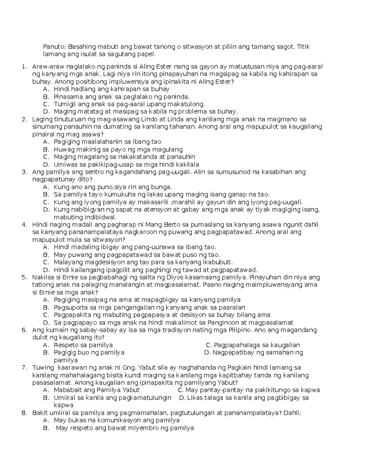 Summative Test ESP Q1 - You can use this to review - Panuto: Basahing ...