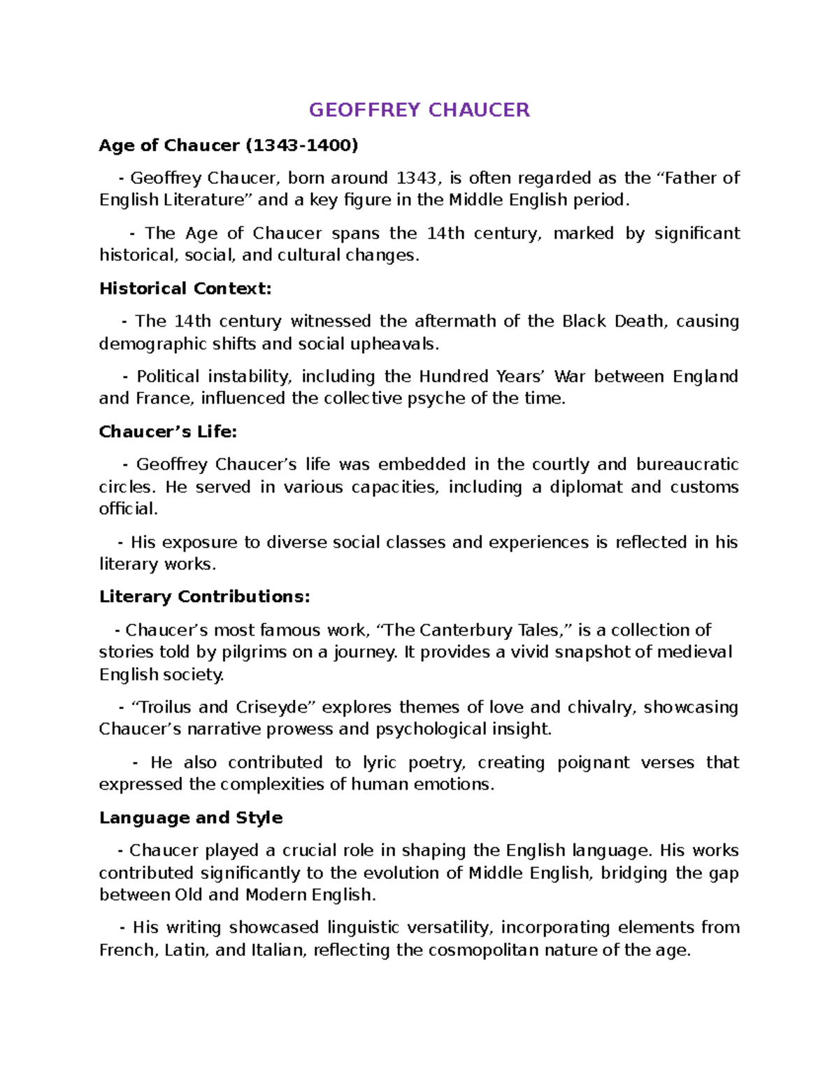 Geoffrey Chaucer - The Age of Chaucer spans the 14th century, marked by ...