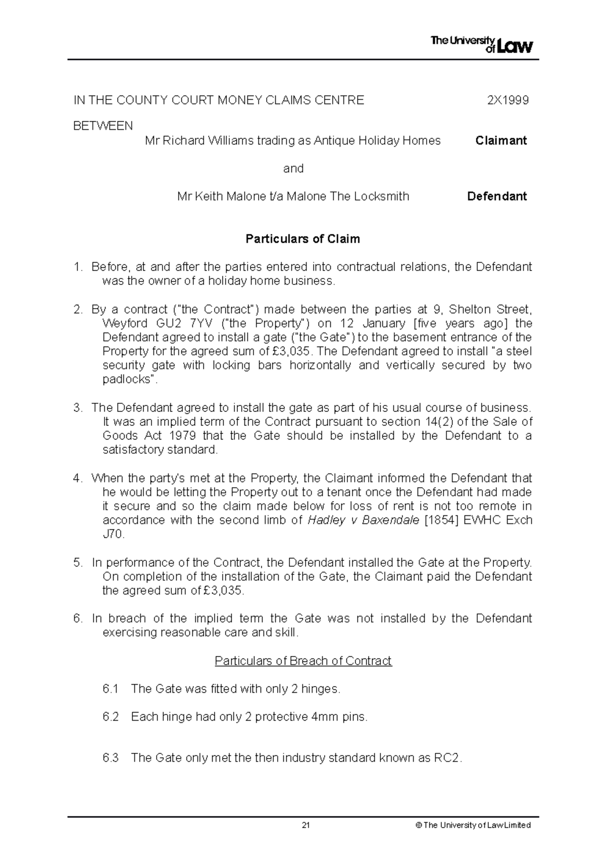 2223 civ u03 ce01 prepare task 02 particulars of claim - IN THE COUNTY ...
