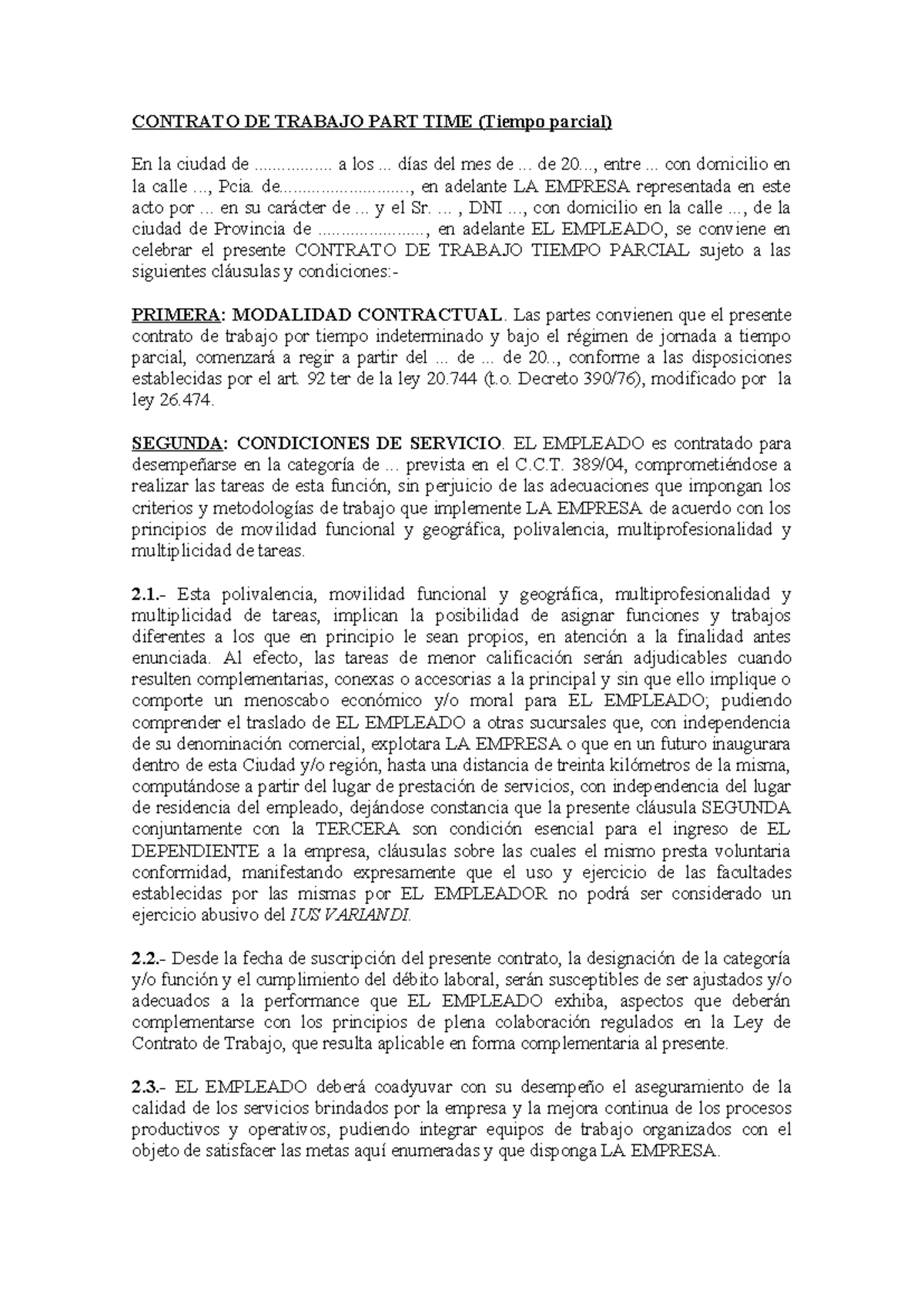 Contrato PART TIME1 - CONTRATO DE TRABAJO PART TIME (Tiempo parcial) En ...