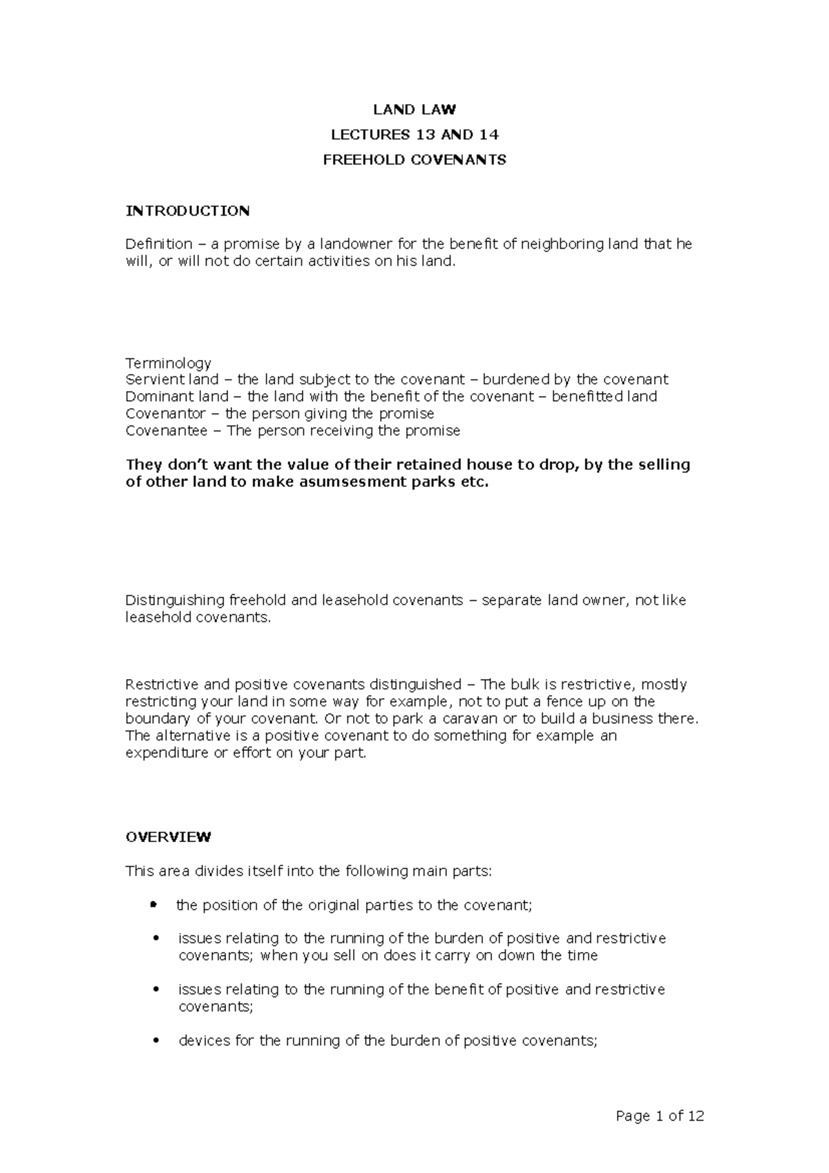 Lectures 13 and 14 - Freehold covenants - LAND LAW LECTURES 13 AND 14 ...