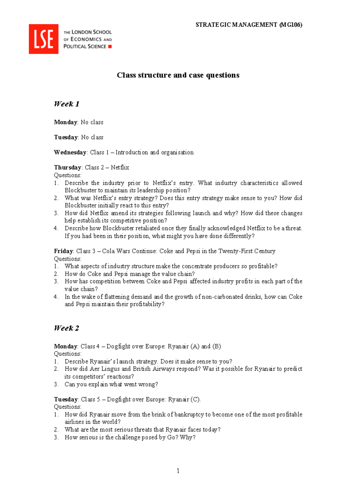 MG106 2022 Case Discussion Questions - STRATEGIC MANAGEMENT (MG106) 1 ...