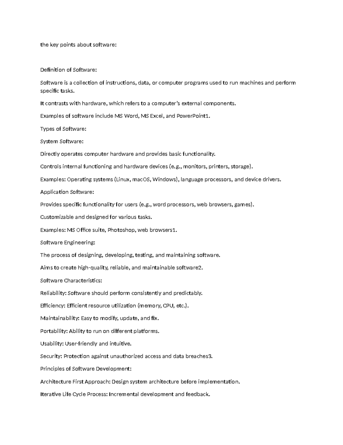 Software - Details Note - the key points about software: Definition of ...