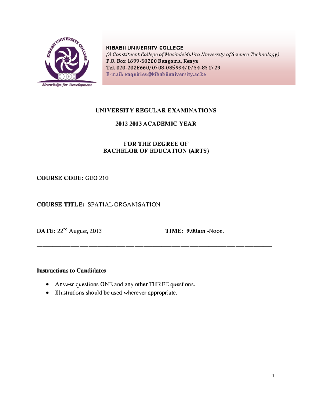 GEO 210 Spatial Organisation - 1 UNIVERSITY REGULAR EXAMINATIONS 2012 ...