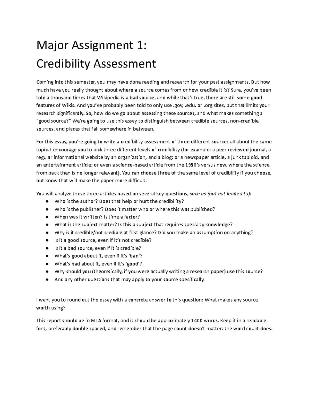 Major Assignment 1 English - Major Assignment 1: Credibility Assessment ...