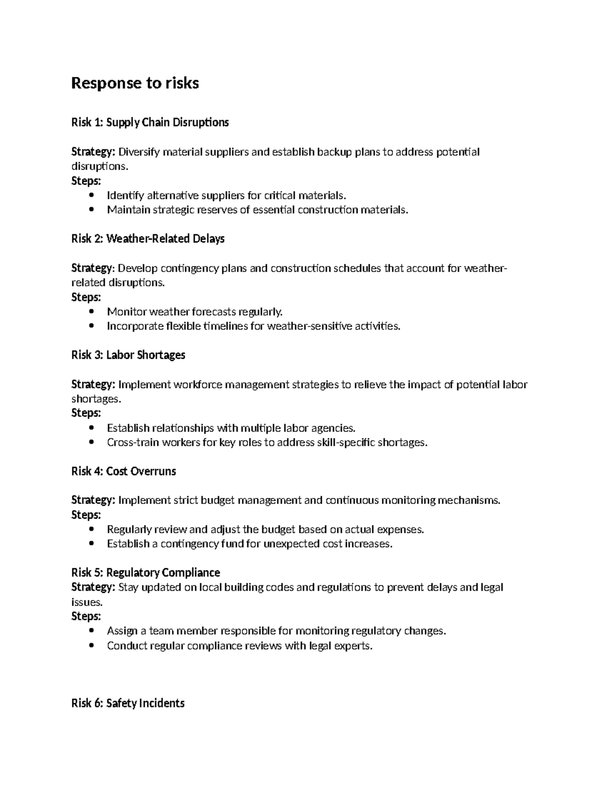 Project Risks - Response to risks Risk 1: Supply Chain Disruptions ...
