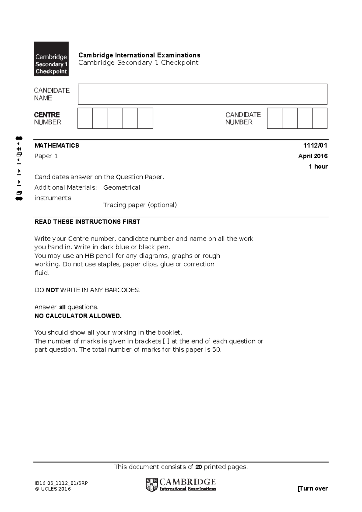 May 2016 question paper 1 - Cambridge International Examinations ...