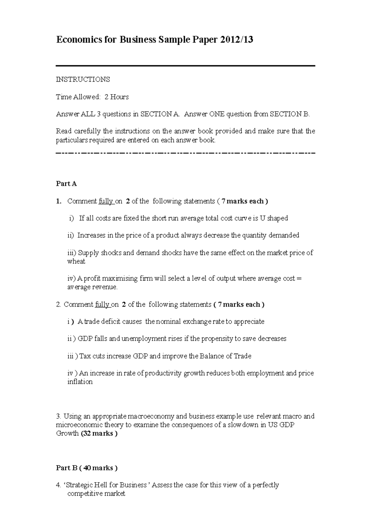 Exam 2013, questions - Economics for Business Sample Paper 2012/13 ...