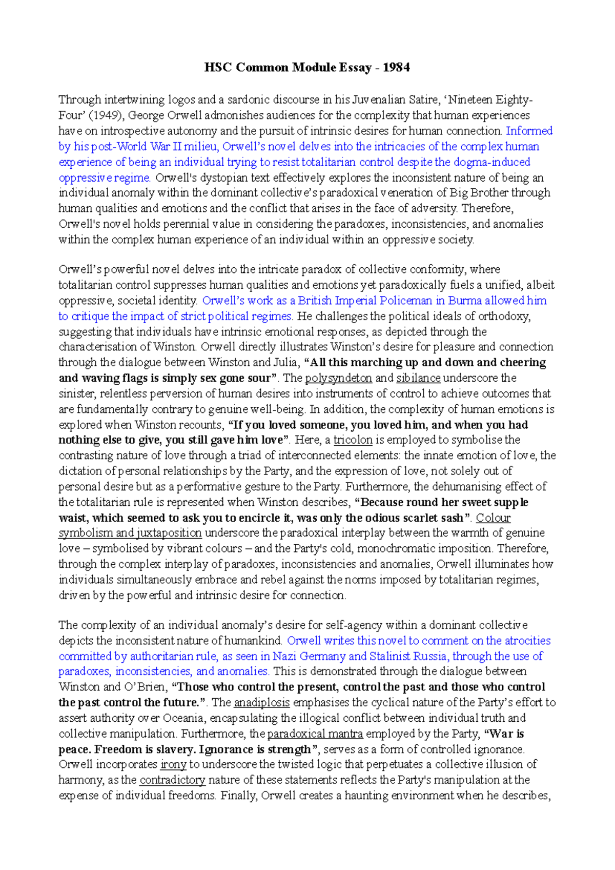 HSC Common Module Essay - 1984 George Orwell - HSC Common Module Essay ...