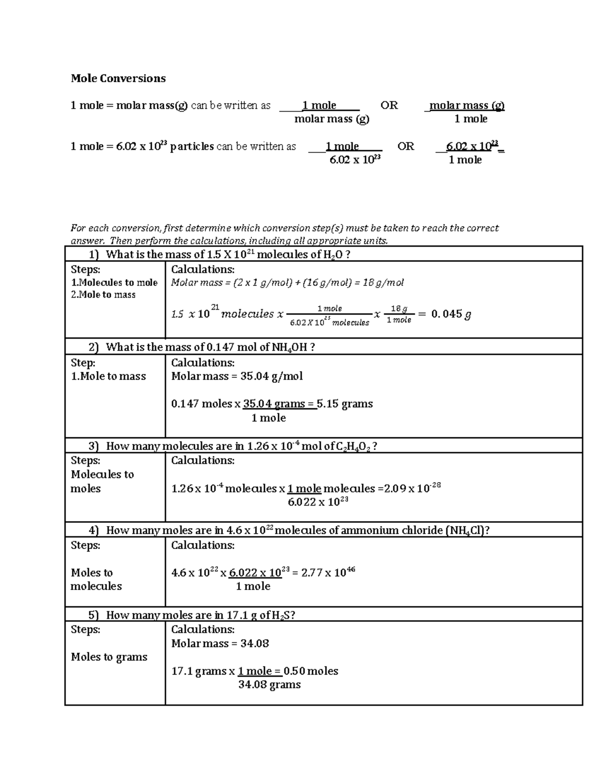 Mole Conversions - n/a - Mole Conversions 1 mole = molar mass(g) can be ...
