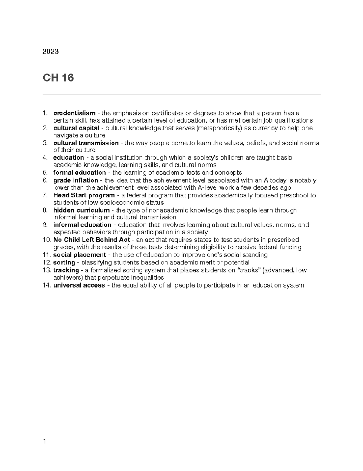 CH 16 Key Terms - 2023 CH 16 credentialism - the emphasis on ...