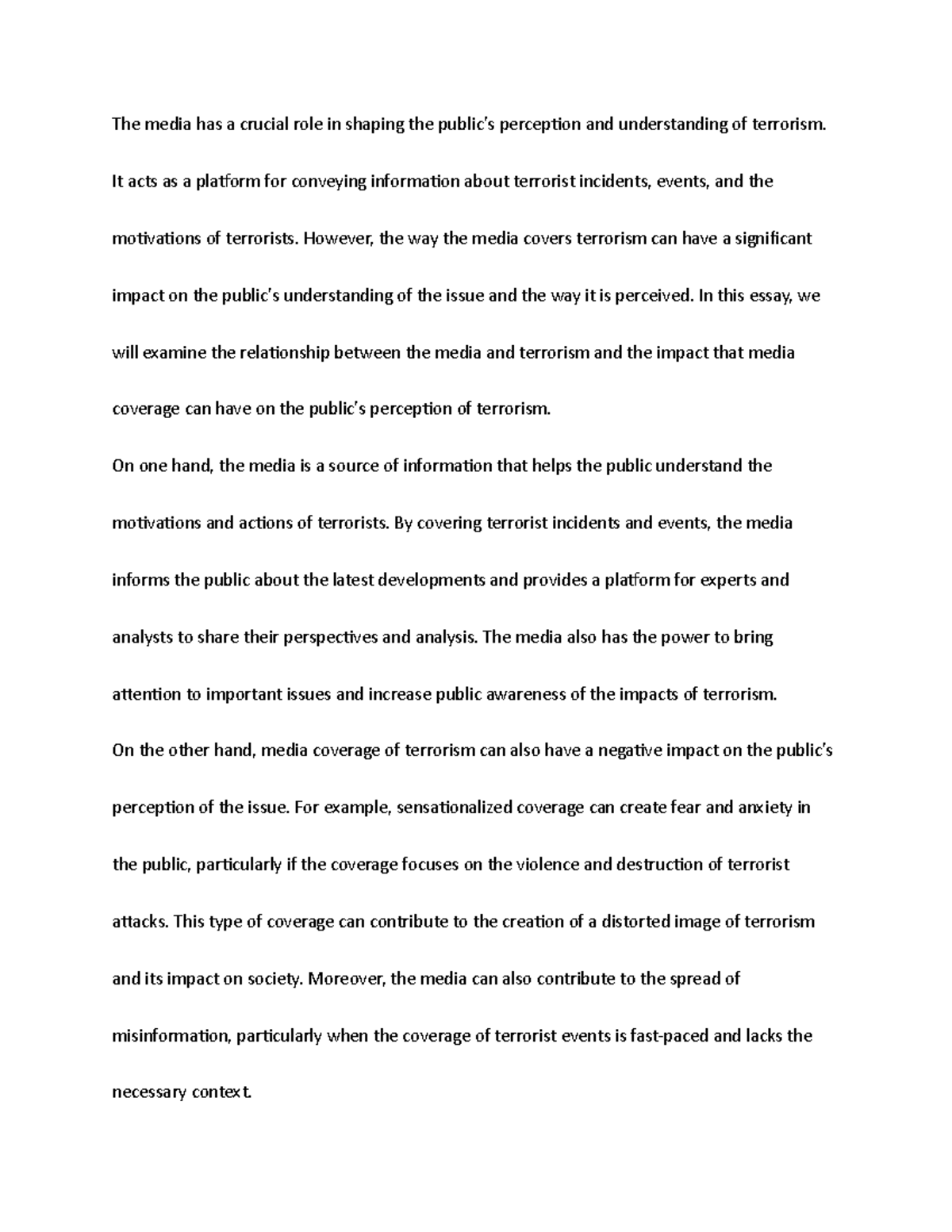 Terrorism 15 - paper - The media has a crucial role in shaping the ...