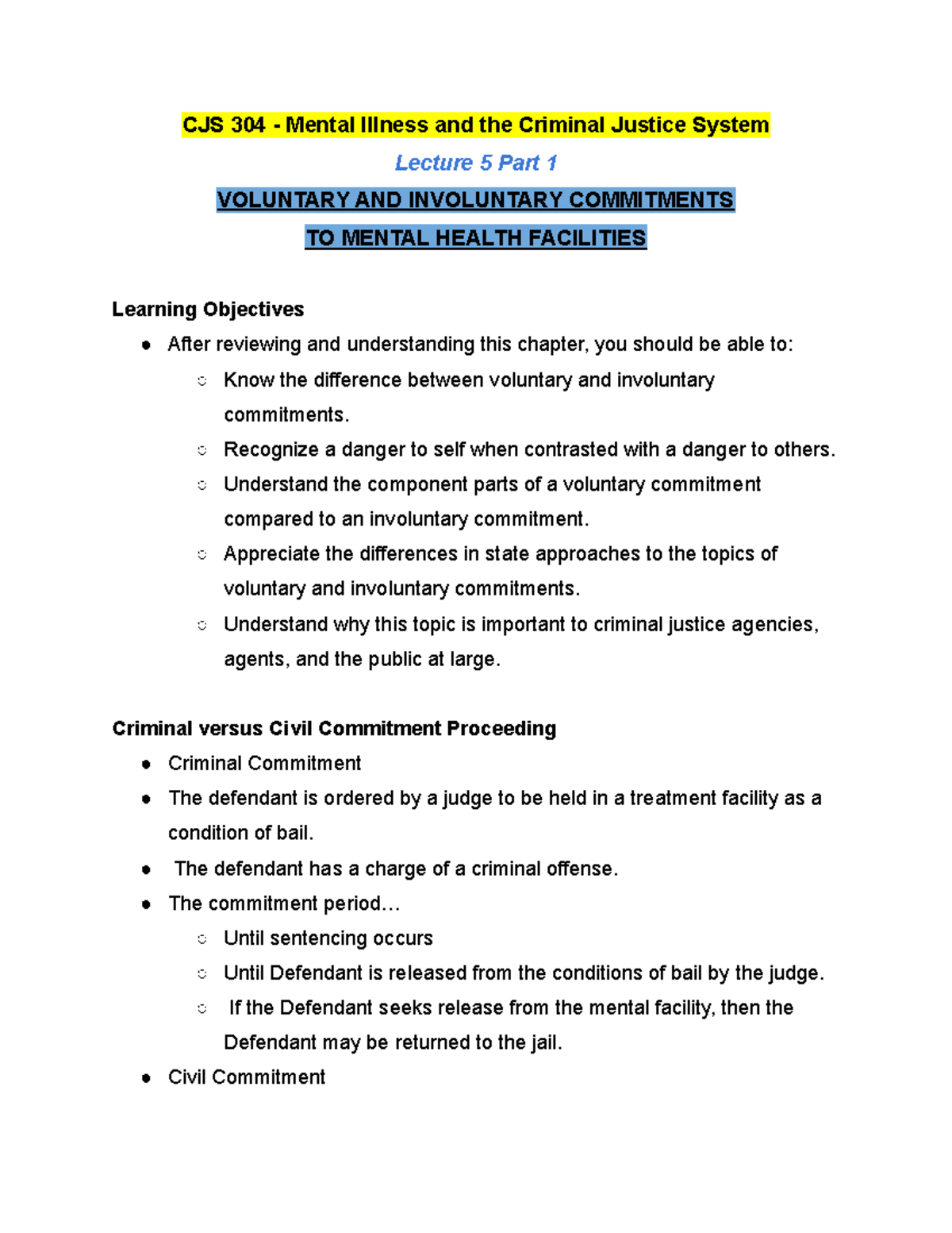 CJS 304 Lecture 5 Part 1 - Spring 2021 - CJS 304 - Mental Illness and the Criminal Justice ...