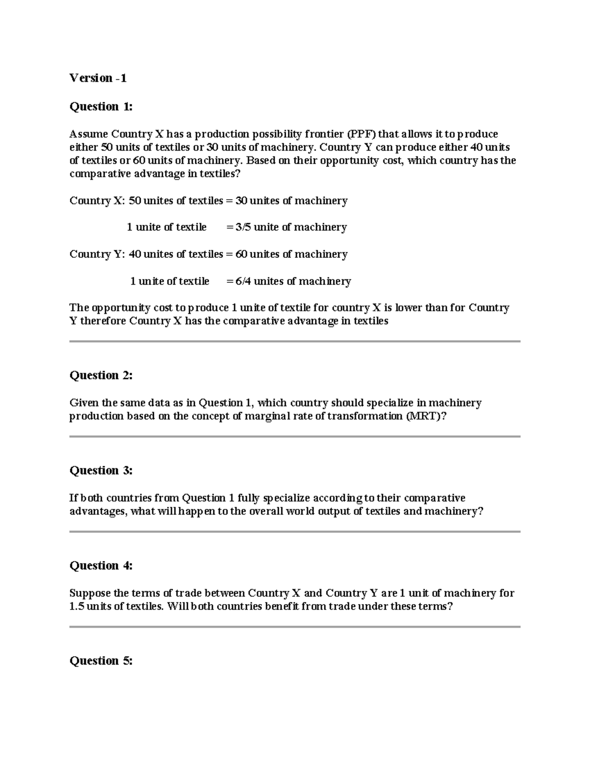 Comparative Advantage - Question 1 - Version - Question 1: Assume ...