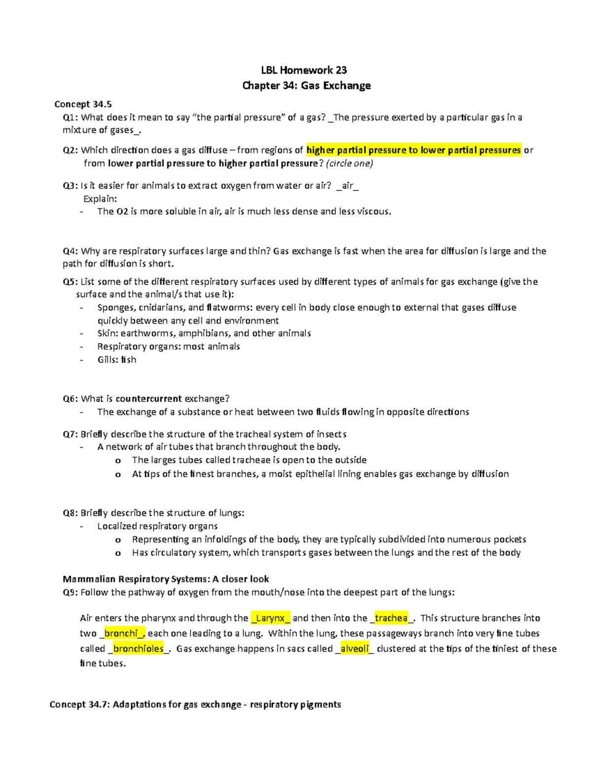 LBL23 - Gas exchange - Professor Micheal Jorgensen - LBL Homework 23 ...
