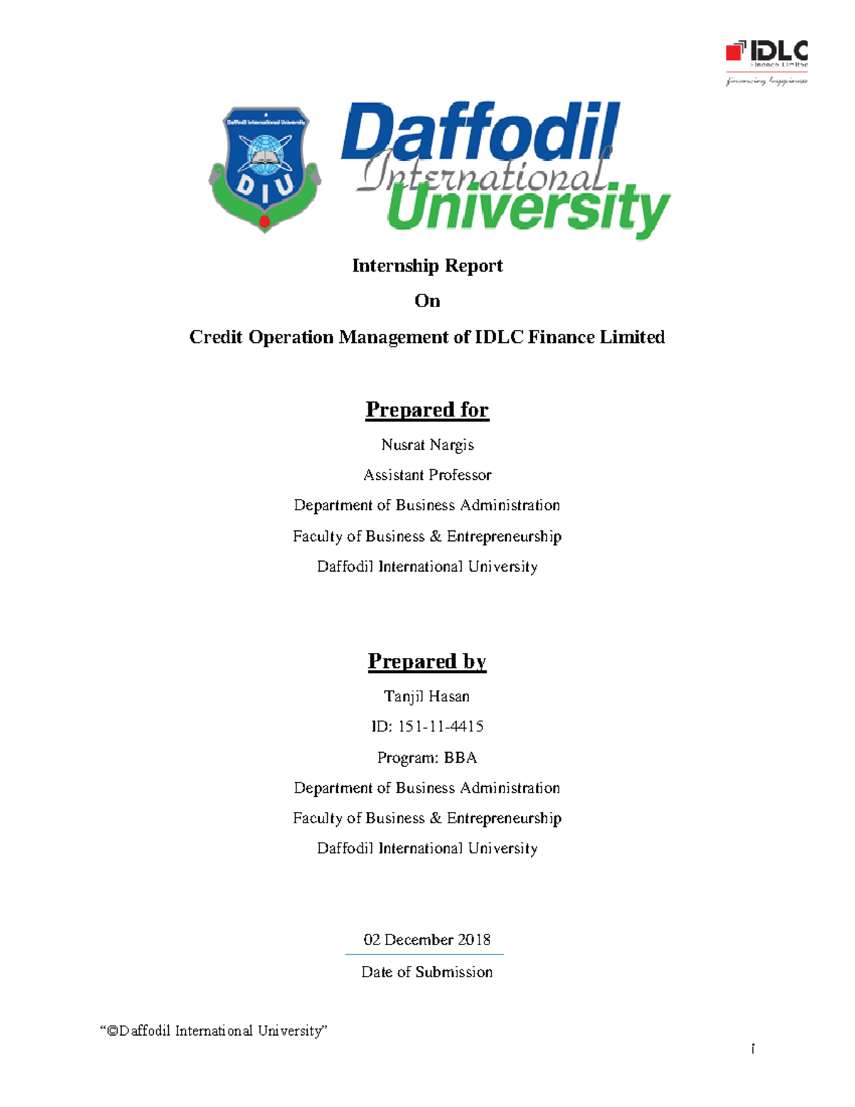 IDLC Finance Credit Operations Management - Paper - “©Daffodil ...