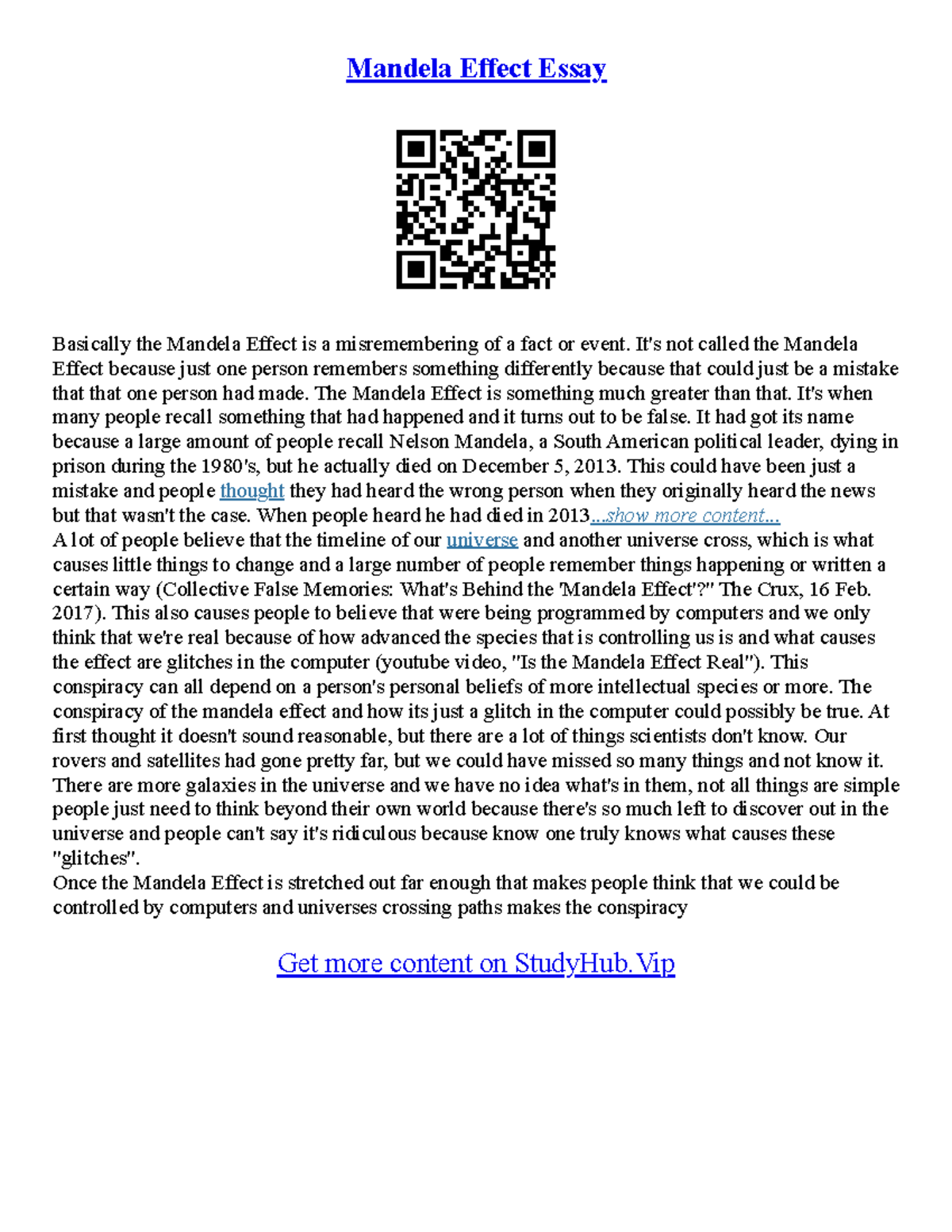 Effect Essay Sample - Mandela Effect Essay Basically the Mandela Effect ...