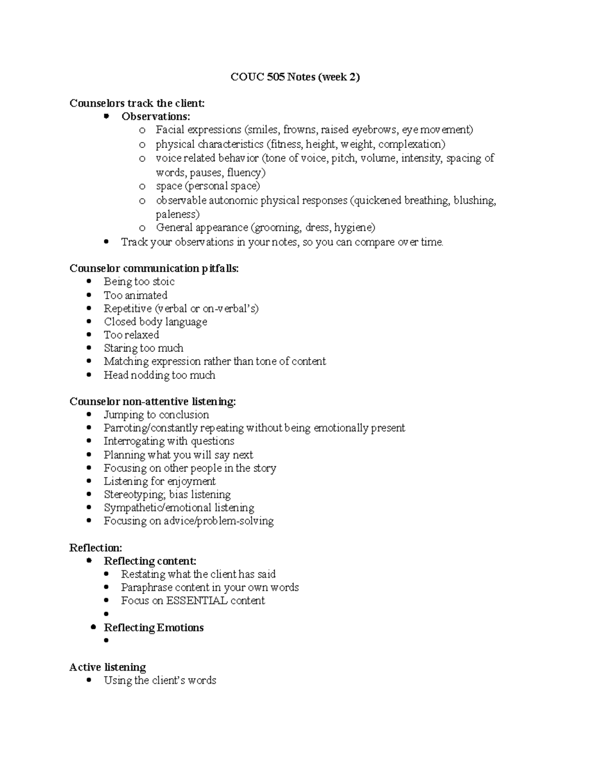 COUC 505 Notes week 2 - week 2 - COUC 505 Notes (week 2) Counselors ...
