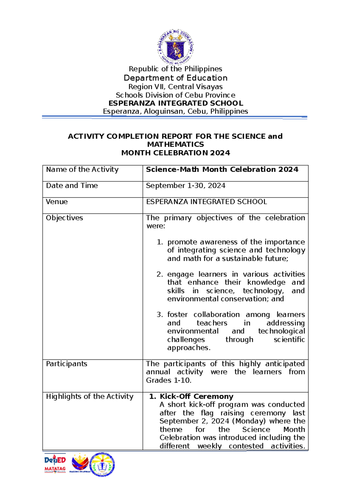 Activity Completion Report - Republic of the Philippines Department of ...