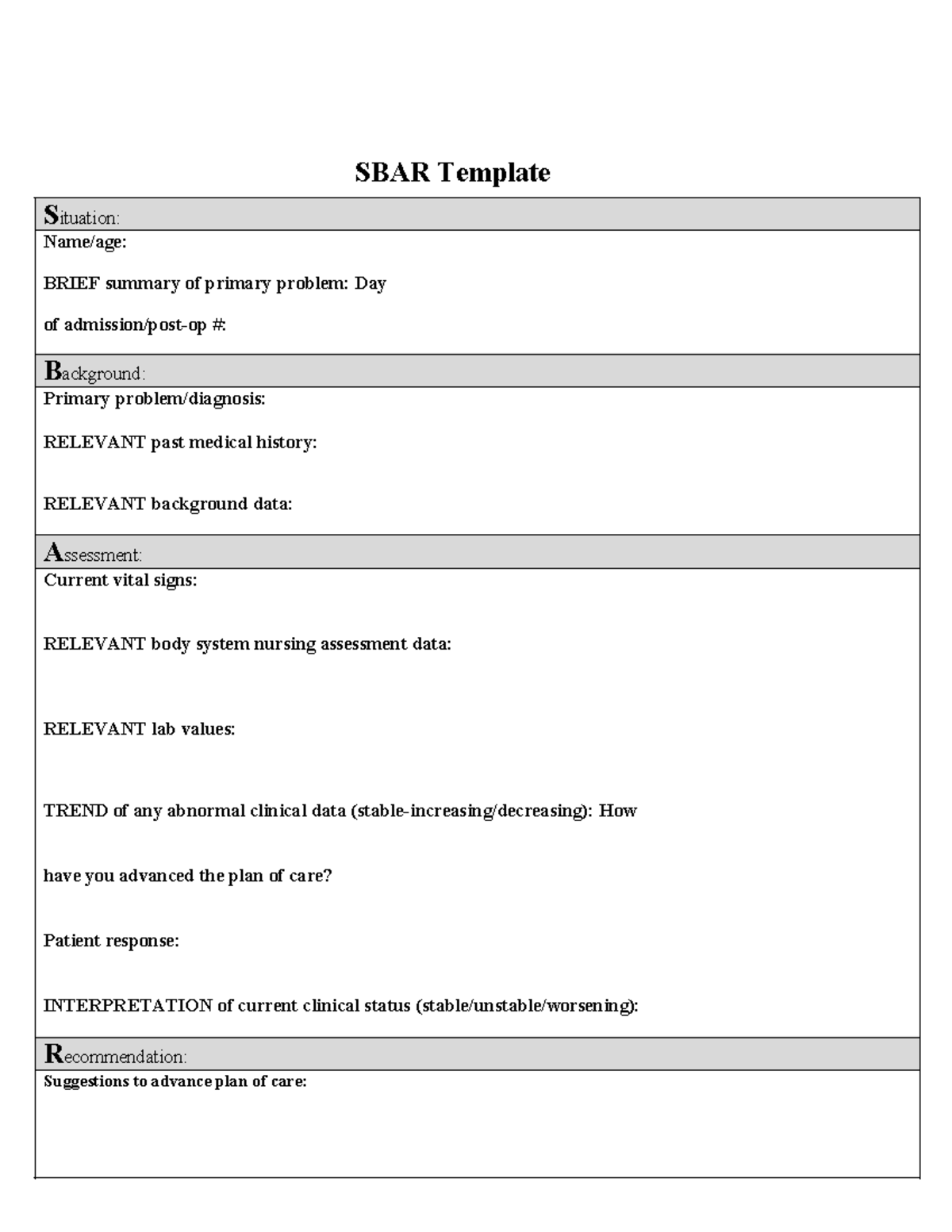 SBAR Blank Template - SBAR Template Situation: Name/age: BRIEF summary ...