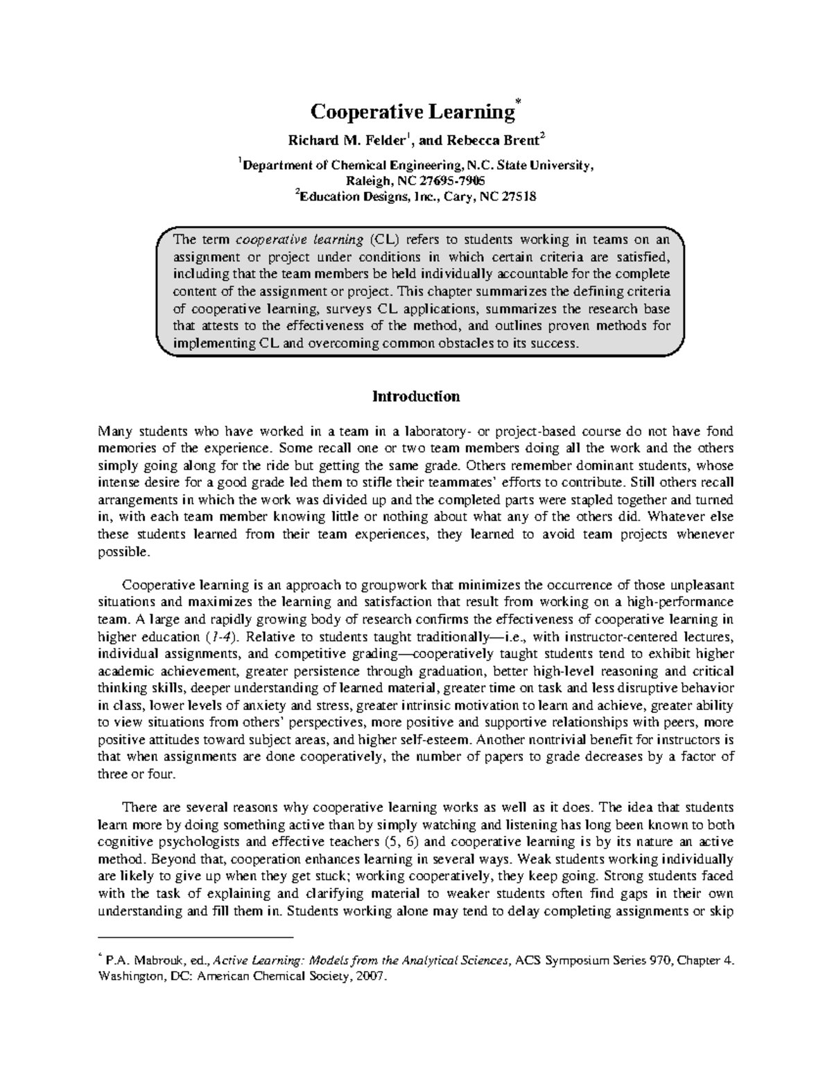 Cooperative learning - Research article from Dr. Richard M. Felder and ...