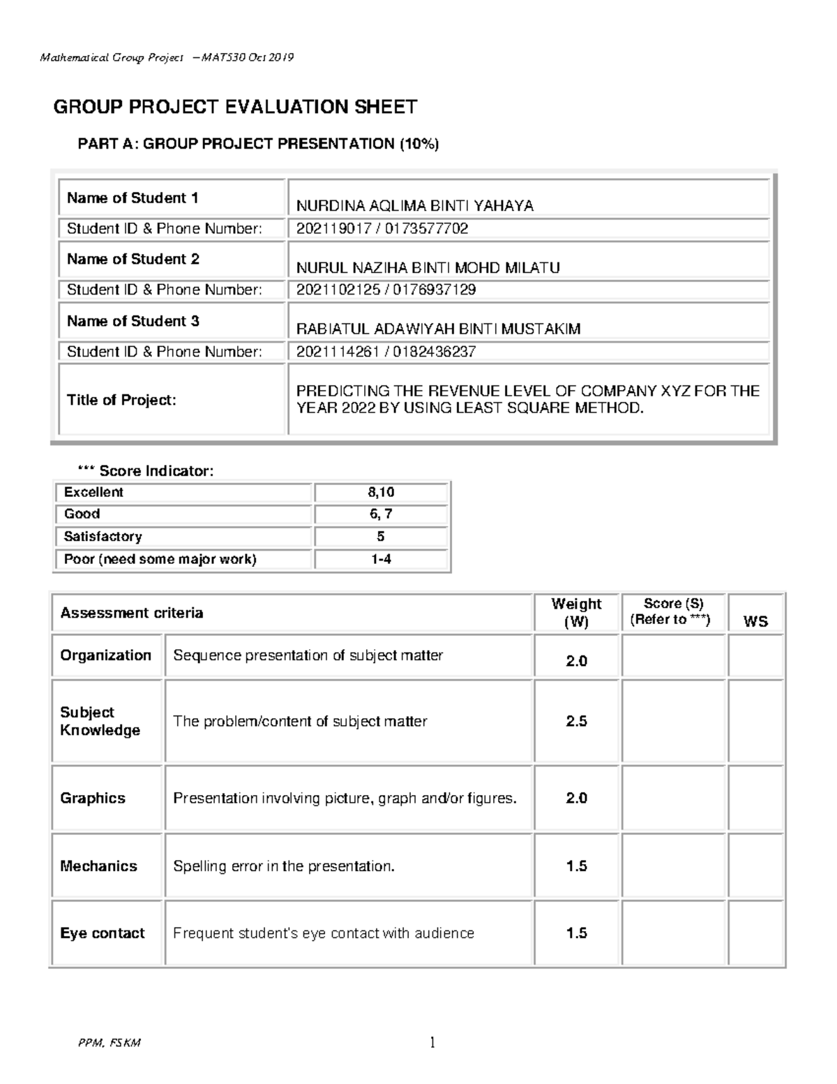 MAT530 Group Project Evaluation Form - MAC2022 - Mathematical Group ...