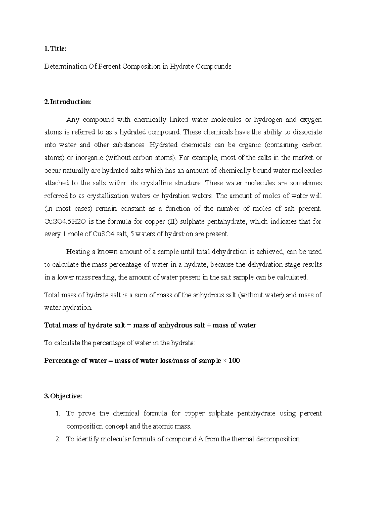 Experiment 2 CHM138 UiTM Hydrate - 1: Determination Of Percent ...