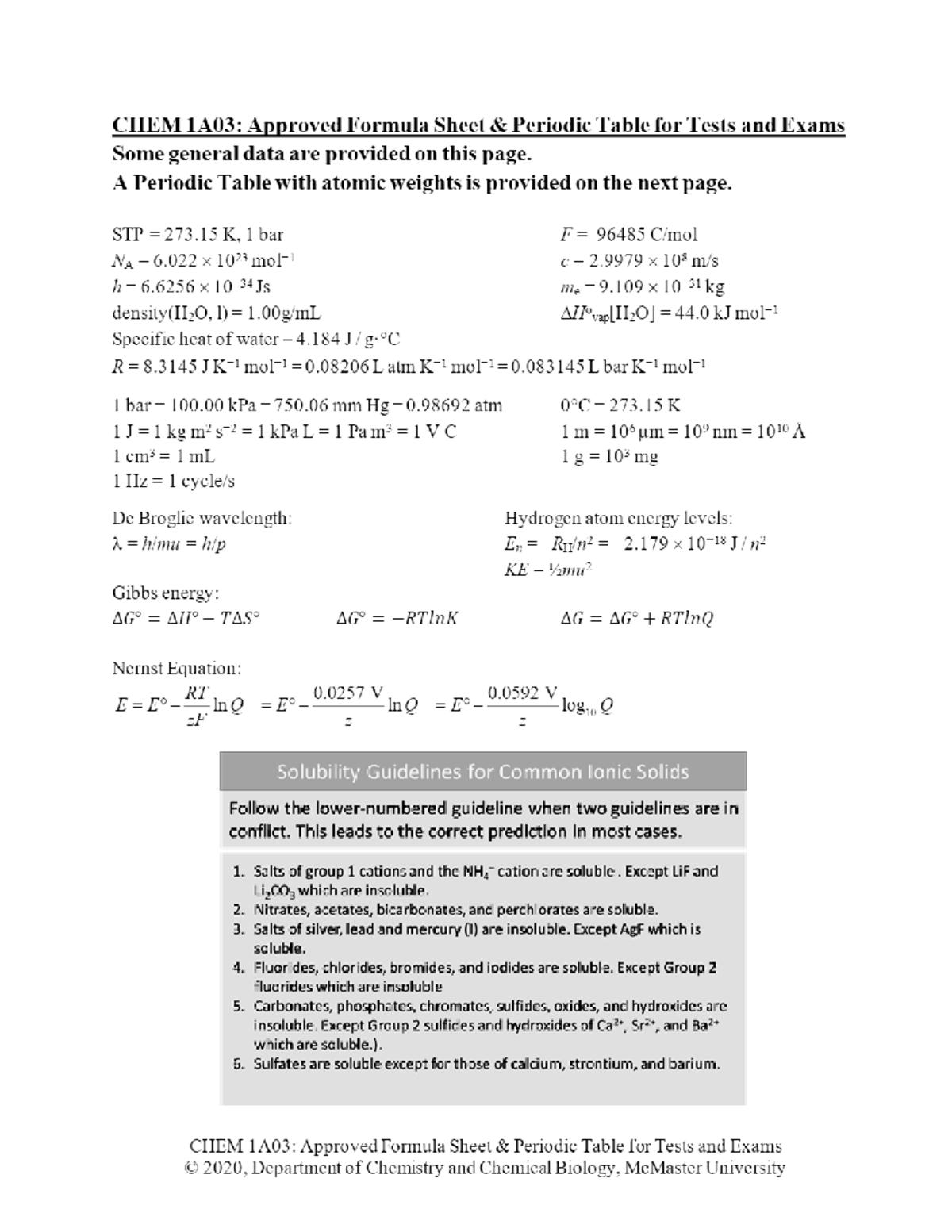 Chem periodic table + formula sheet - CHEM 1A03: Approved Formula Sheet ...