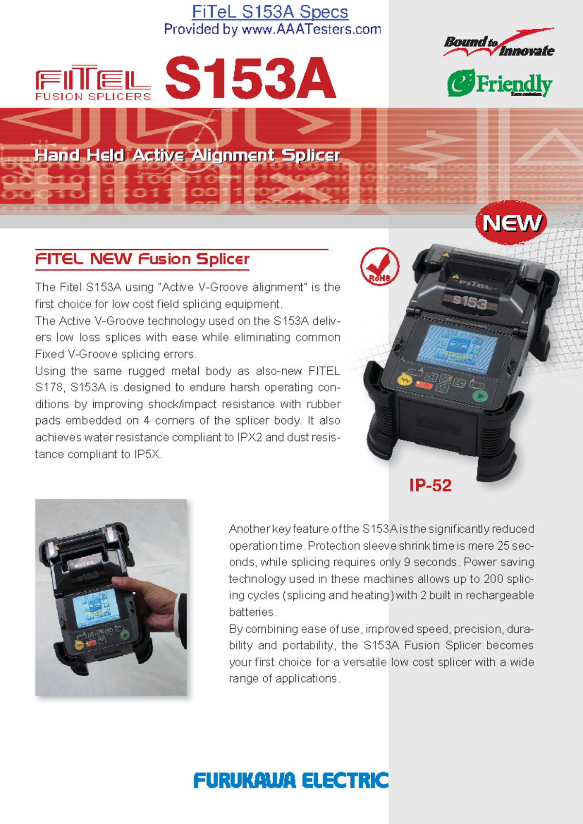 Fitel s153 specifications spec sheet 1j19 - F U S ION SPLICE R S Hand Held Active Alignment ...