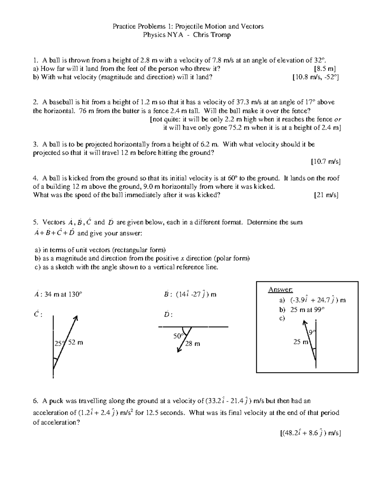 Practice Problems 1 Projectile Motion and Vectors - 203-NYA-05 - Studocu
