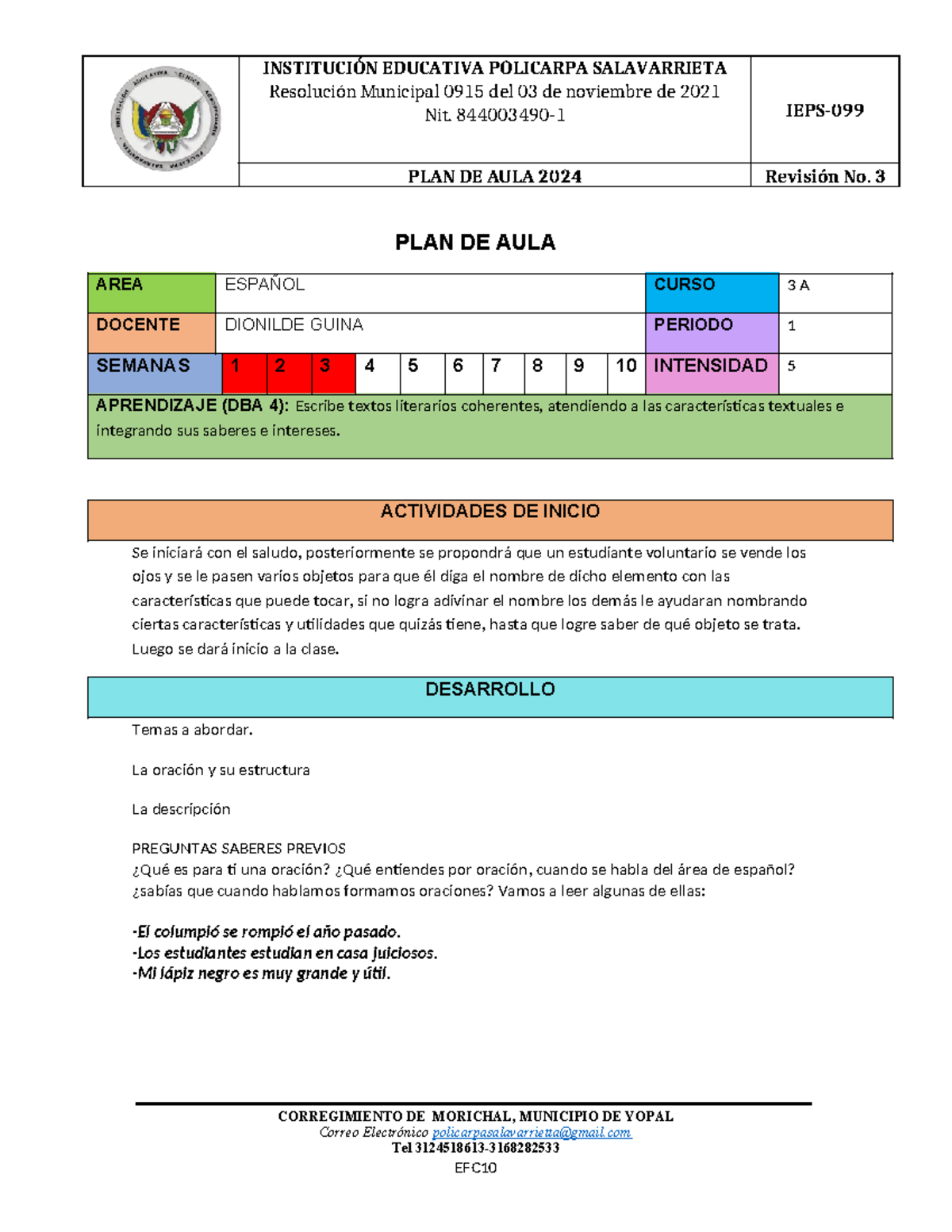 PLAN AULA Español 3 Perio 1 Dionilde 2024 - IEPS- Resolución Municipal 0915 del 03 de noviembre ...
