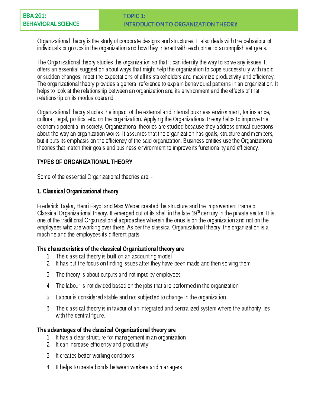 Organizational Theory 1 - INTRODUCTION TO ORGANIZATION THEORY ...