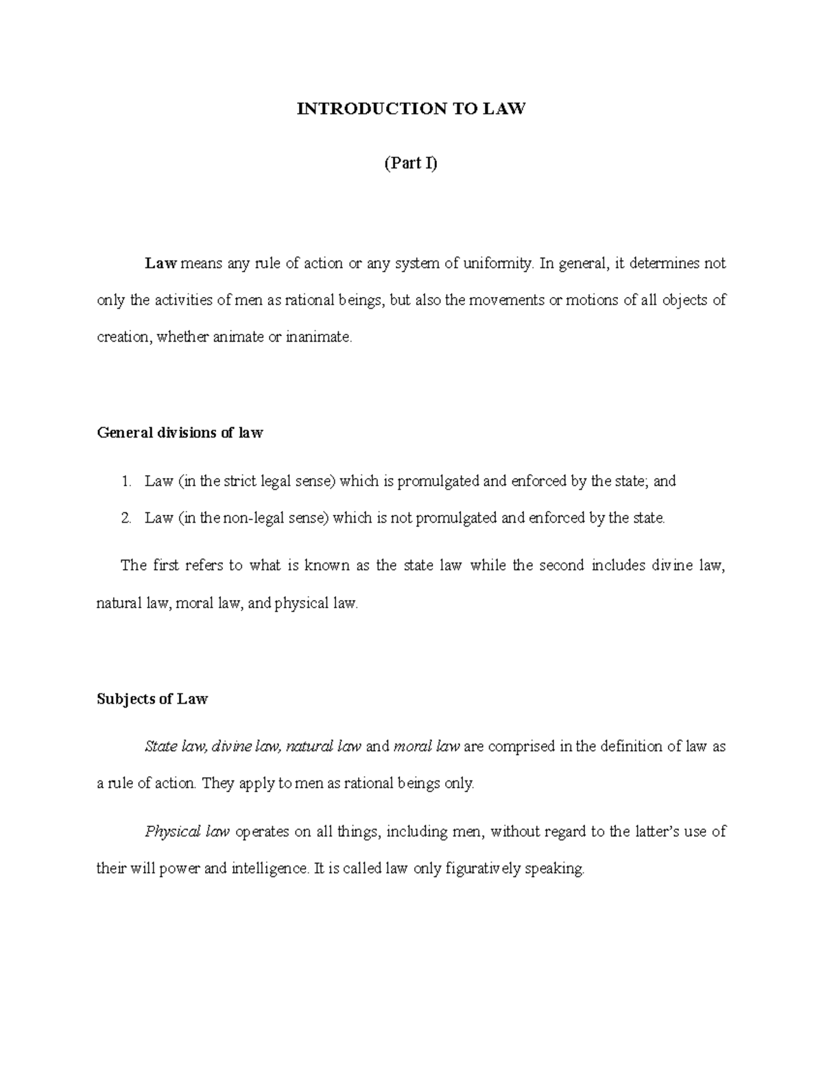 Introduction to Law (Part 1) - INTRODUCTION TO LAW (Part I) Law means ...