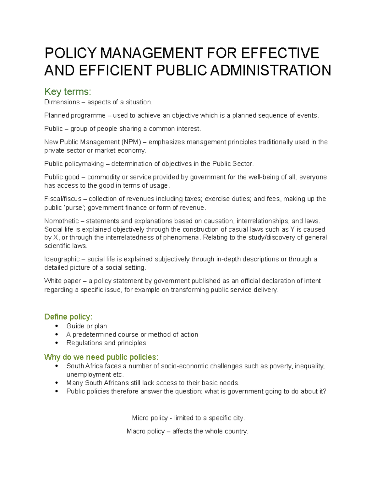 PADM121 EXAM - The notes are a brief description of various chapters of ...