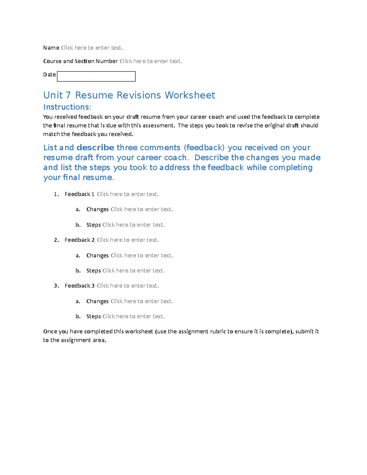 PD202 Unit 7 Resume Revisions - Name Click here to enter text. Course ...