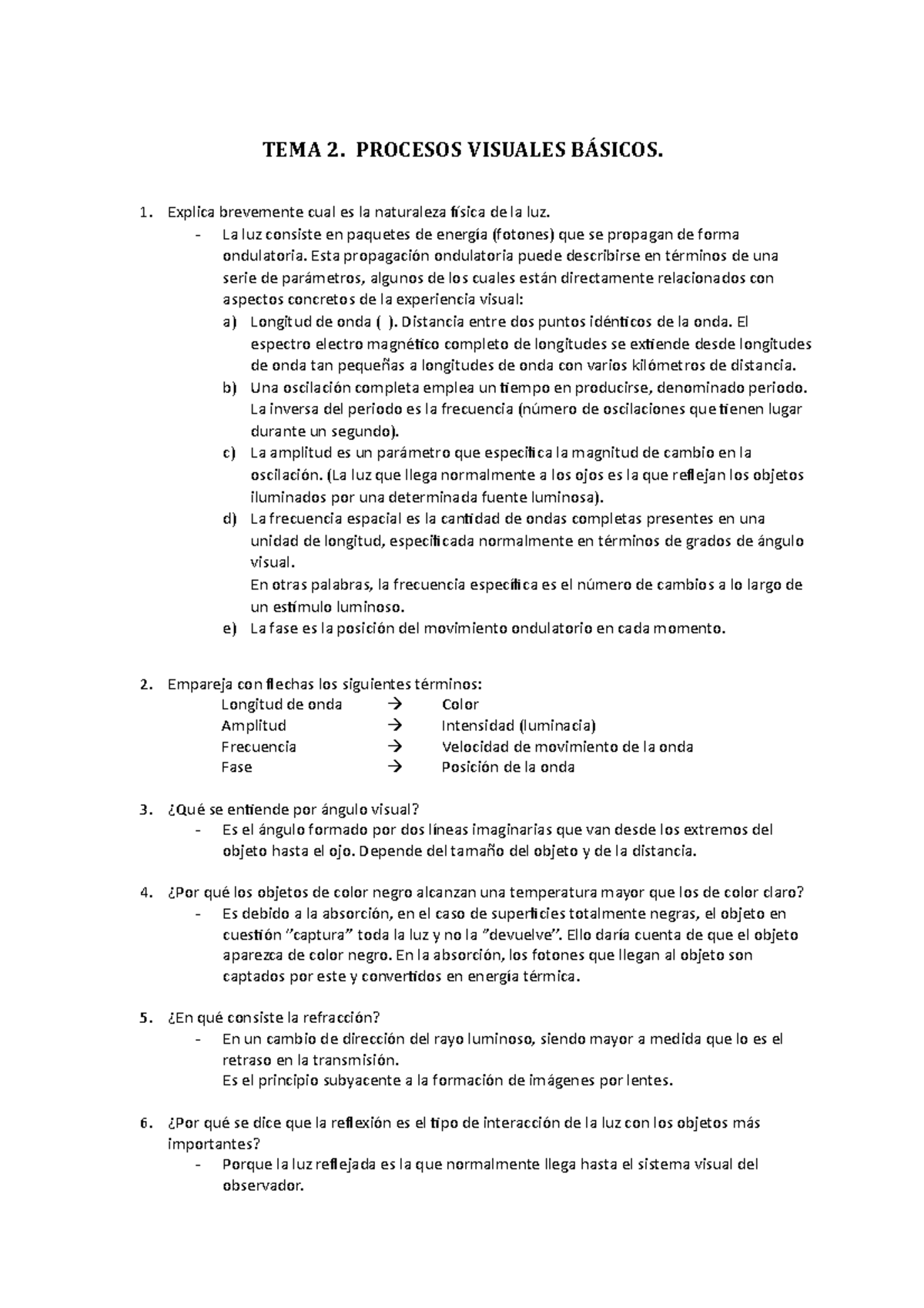 TEMA 2 Preguntascortas - TEMA 2. PROCESOS VISUALES BÁSICOS. 1. Explica brevemente cual es la ...