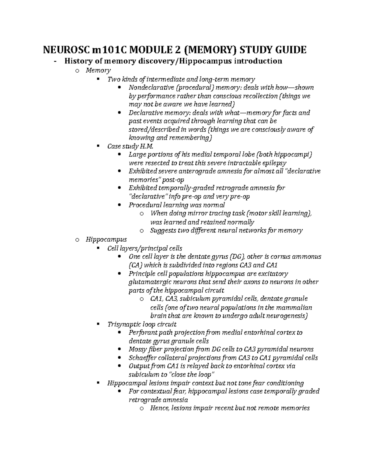 Neurosc m101C Module 2 Study Guide - NEUROSC m101C MODULE 2 (MEMORY) STUDY GUIDE - History of ...