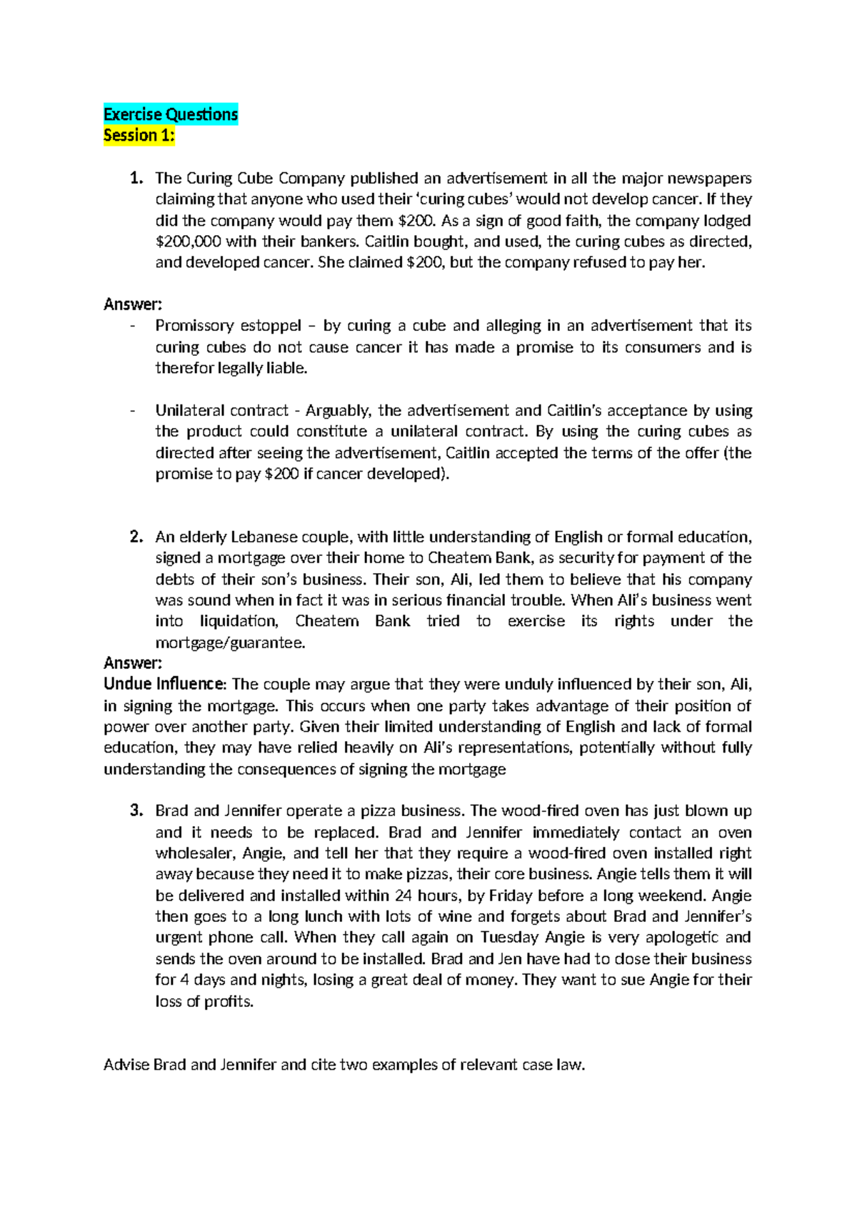 Excercise Questions - Exercise Questions Session 1: 1. The Curing Cube ...