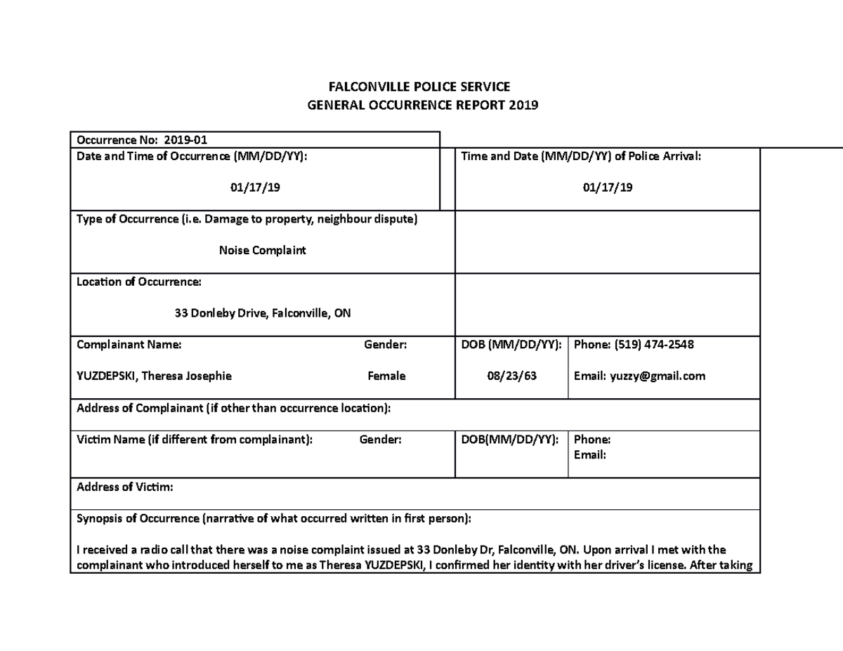 D mitchell occurance report - FALCONVILLE POLICE SERVICE GENERAL ...