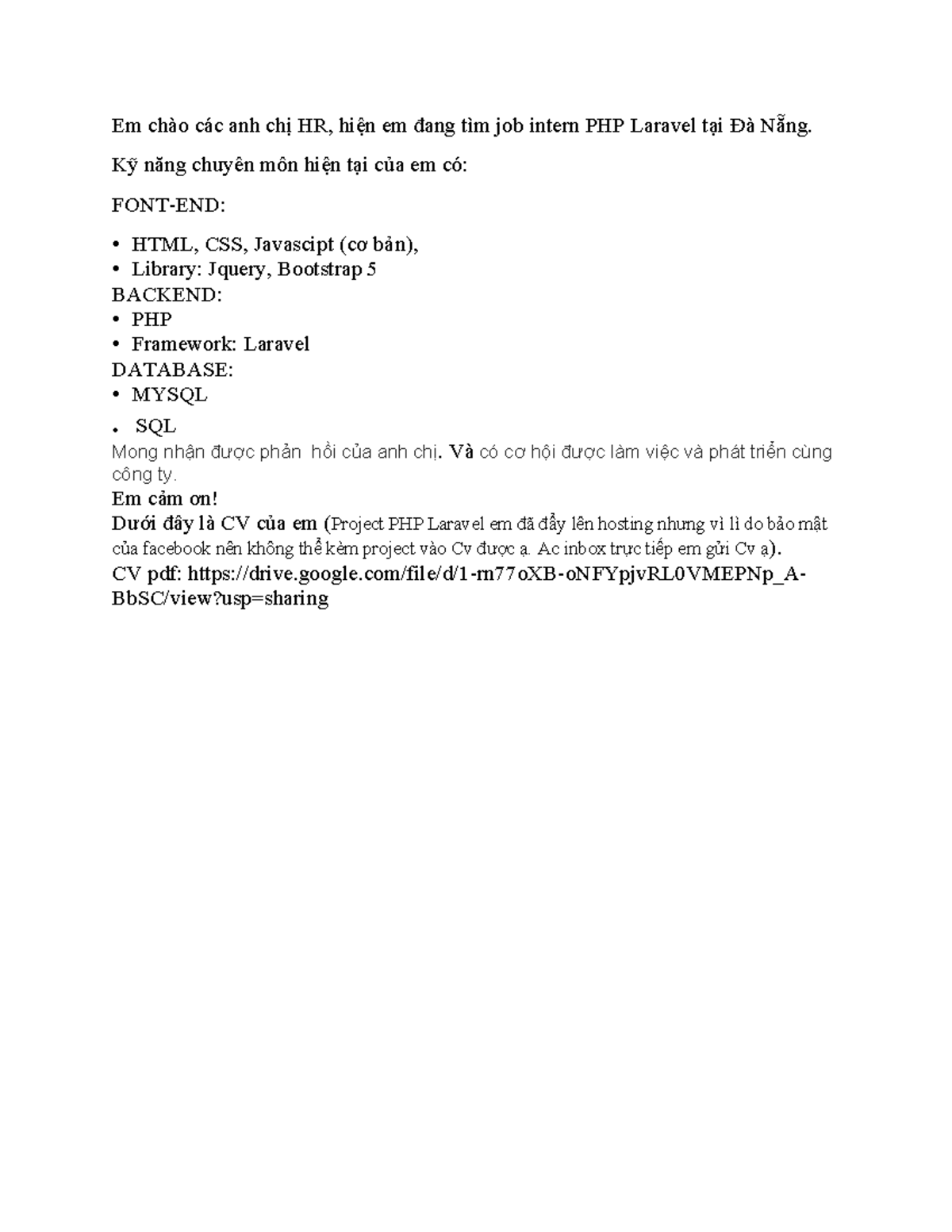 CV PHP - Summary C++ - Em chào các anh chị HR, hiện em đang tìm job intern PHP Laravel tại Đà ...