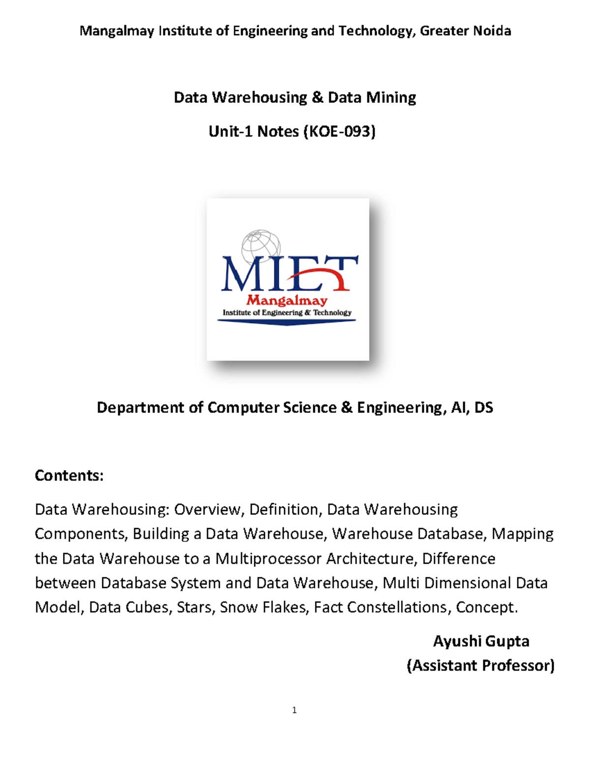 Data Warehousing And Data Mining Unit 1 Notes Data Warehousing And Data Mining Unit 1 Notes