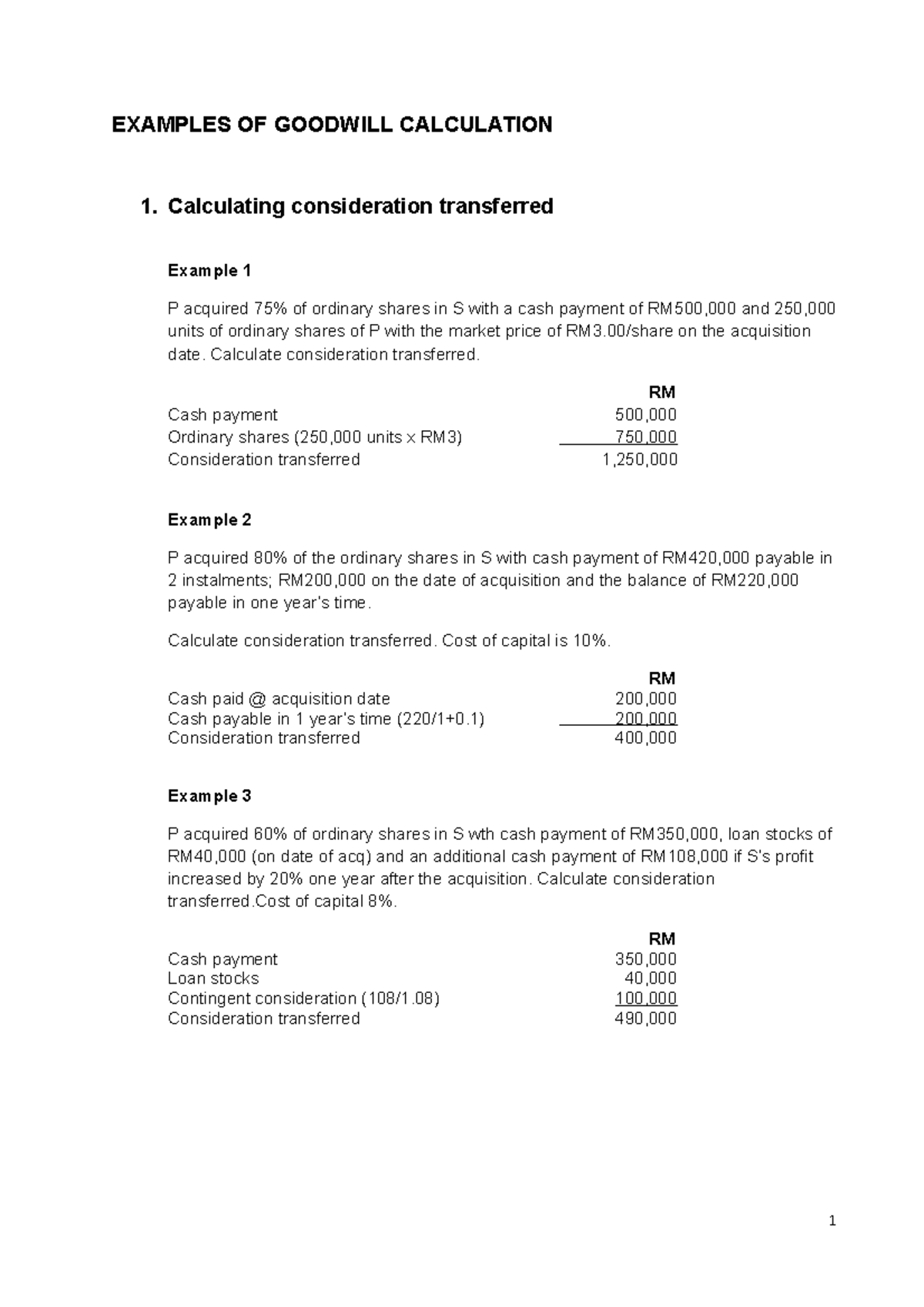 Goodwill Calculation Exercises - EXAMPLES OF GOODWILL CALCULATION 1 ...