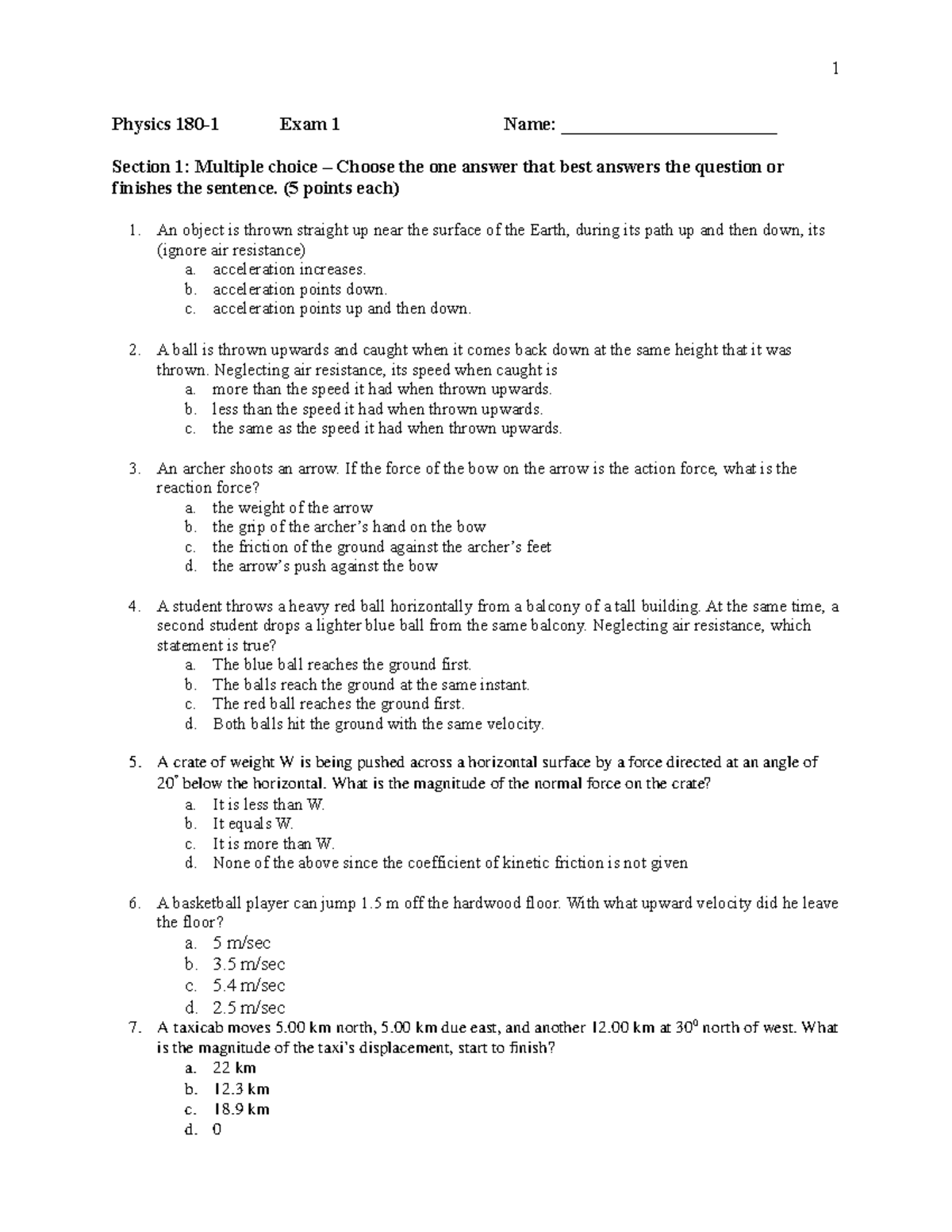 180 sample exam 1 - Lecture notes 1 - 1 Physics Exam 1 Name: Section 1 ...