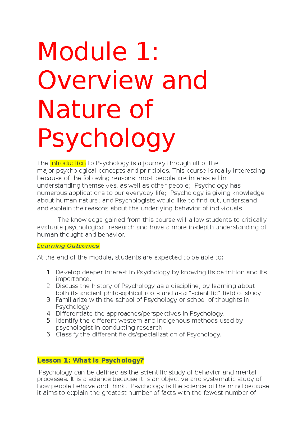 Introduction to Psychology Module - Module 1: Overview and Nature of ...