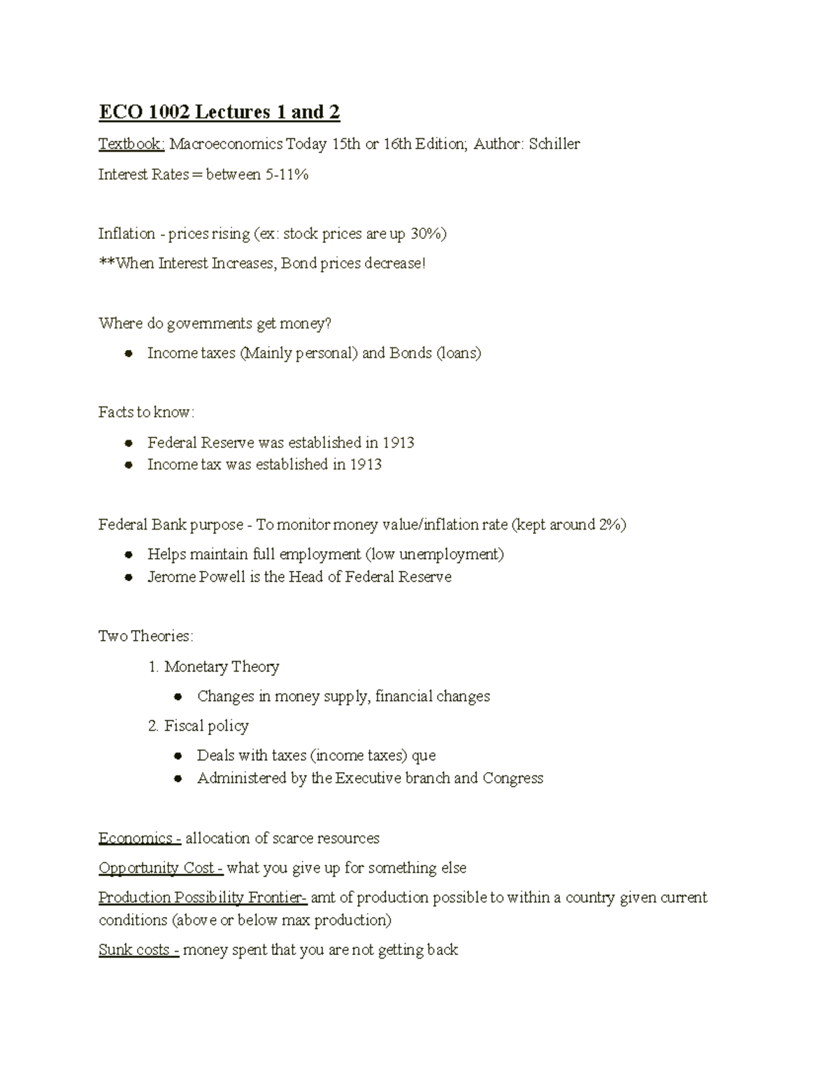 ECO 1001 Lecture 1 AND 2 - ECO 1002 Lectures 1 and 2 Textbook: Macroeconomics Today 15th or 16th ...