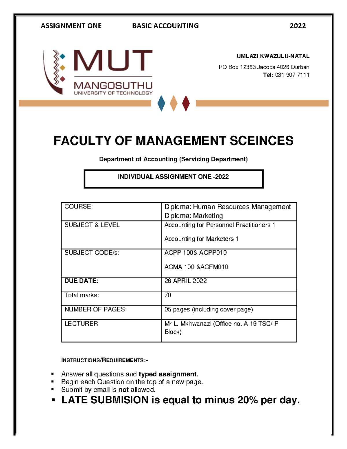 Accounting Assignment - ASSIGNMENT ONE BASIC ACCOUNTING 2022 FACULTY OF ...