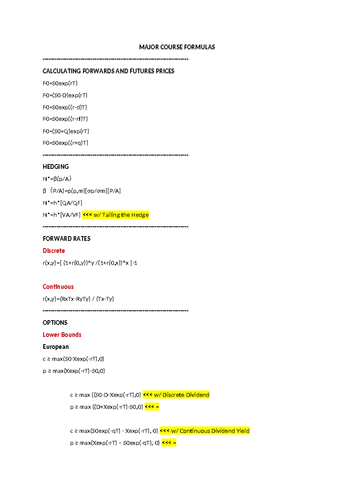 Major course formulas - MAJOR COURSE FORMULAS - CALCULATING FORWARDS ...