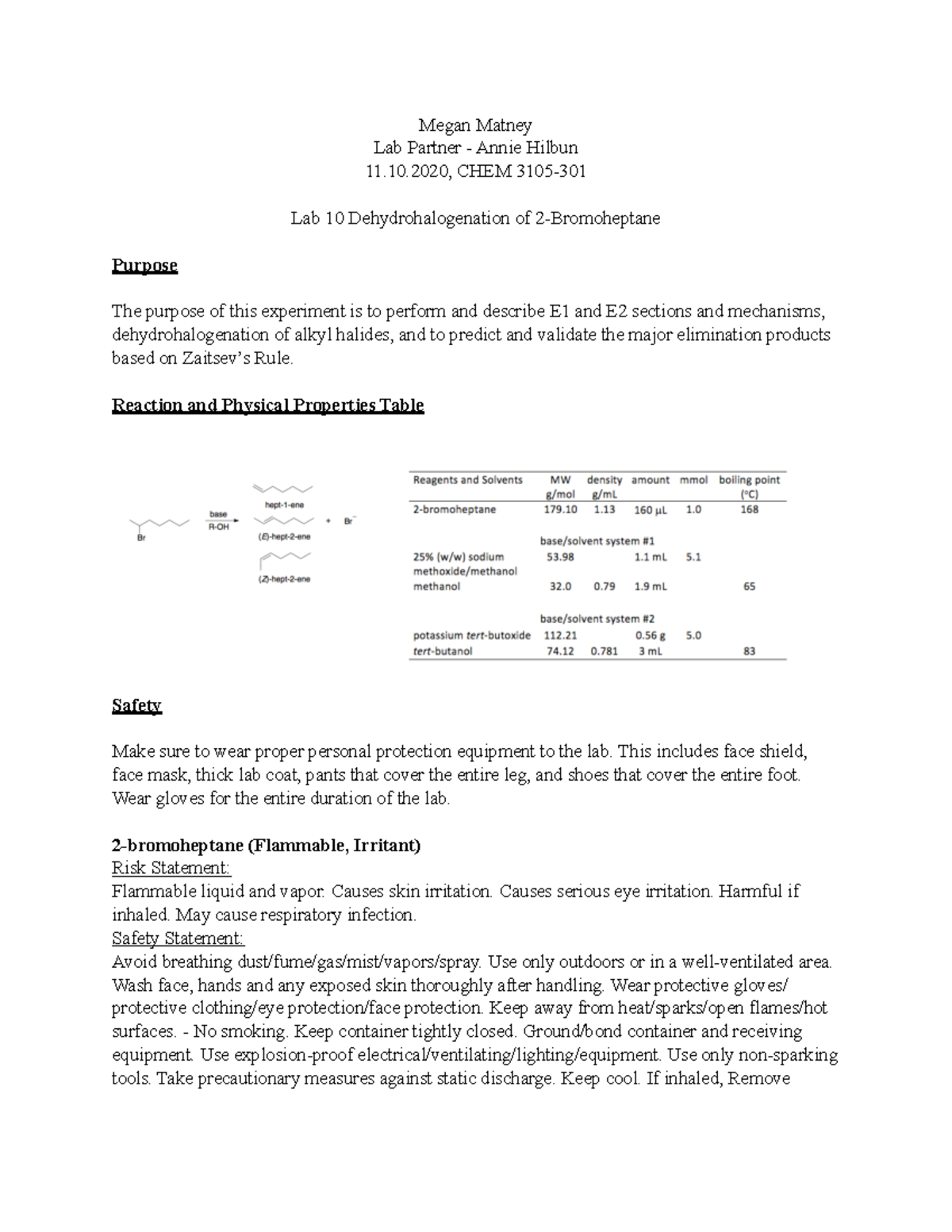 Lab Report 10 - Dehydrohalogenation of 2-Bromoheptane - Megan Matney ...
