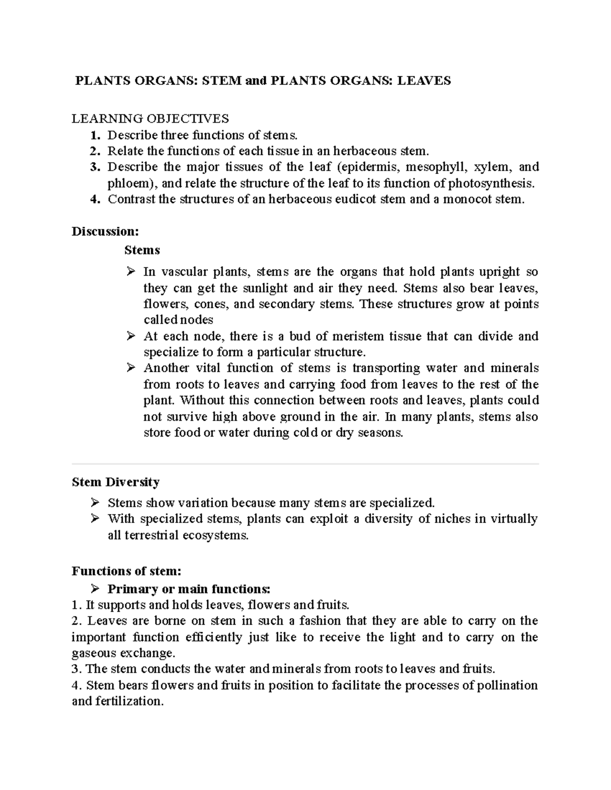 WEEK 6-9; Plants Organs - PLANTS ORGANS: STEM and PLANTS ORGANS: LEAVES ...